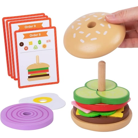 TOOKYLAND Wooden Hamburger Stacking Toy - 15pcs - Play Food Burger Stacker with Order Cards, 3 ...