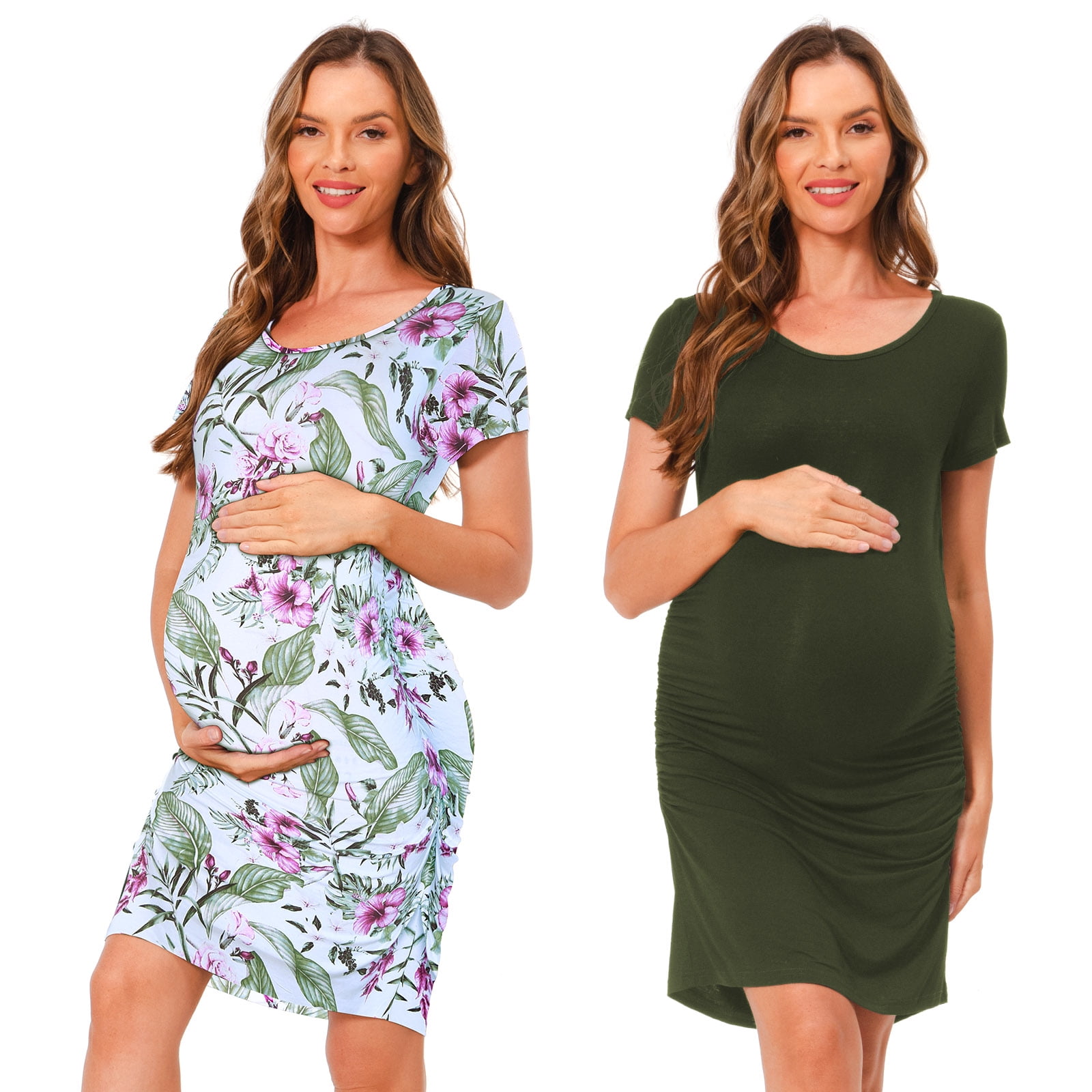 Bearsland Female Short Sleeve Knee-Length Maternity Dress Side Ruched ...