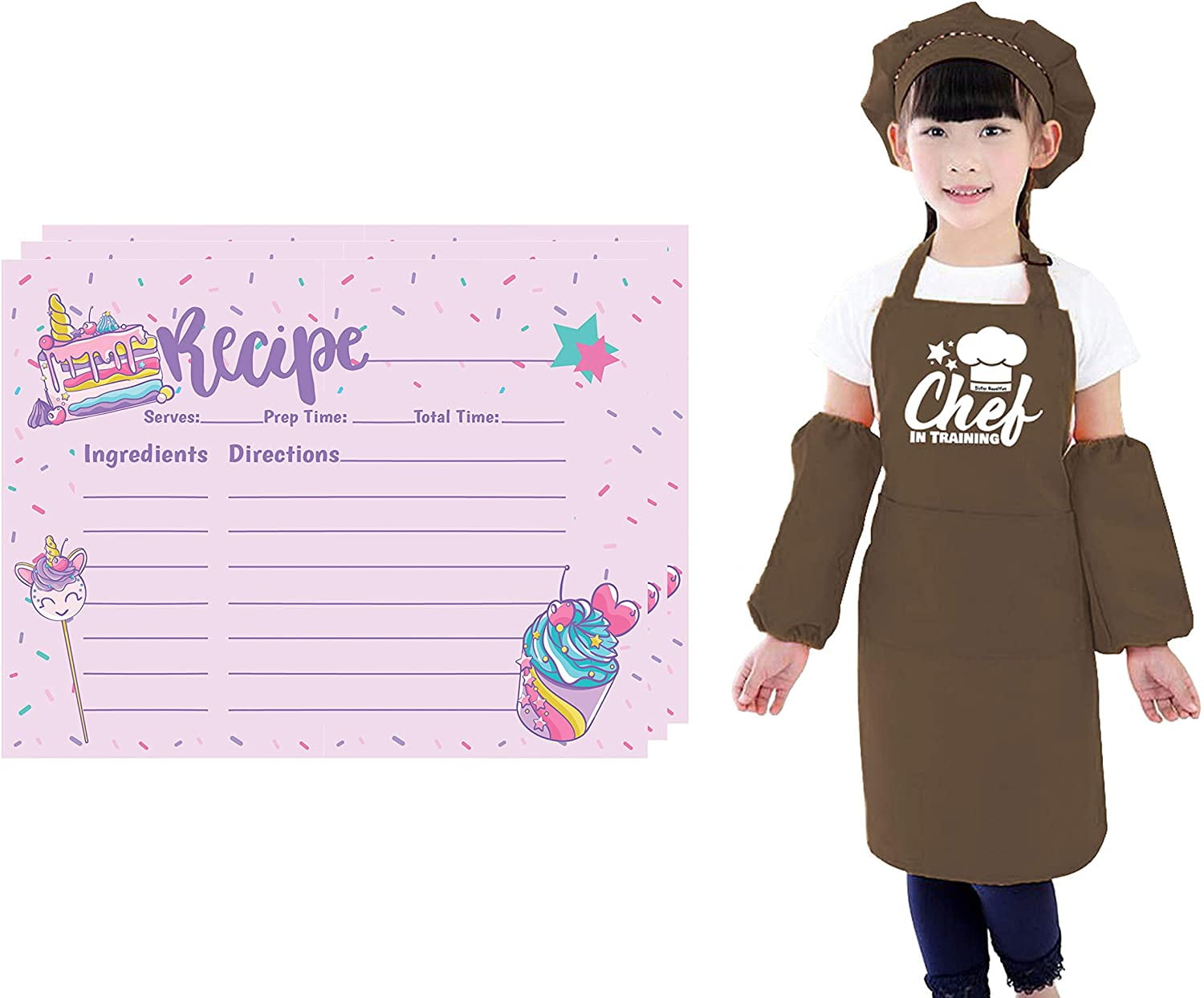 Kids Kitchen Apron Set with Unicorn Rainbow Recipe Cards Set, Kids ...
