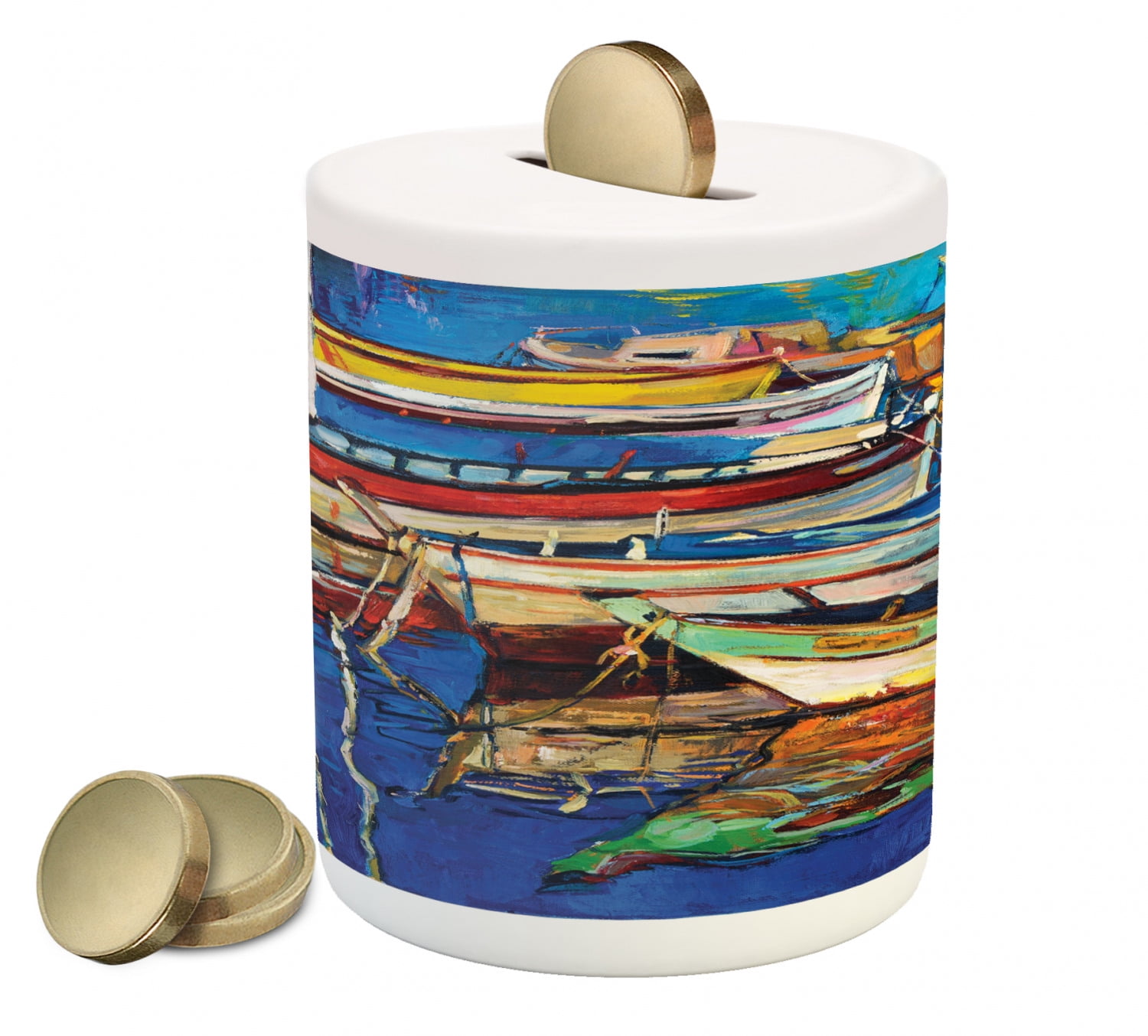 Country Piggy Bank, Folk Art Style Paint of Boats on Shore at Golden ...