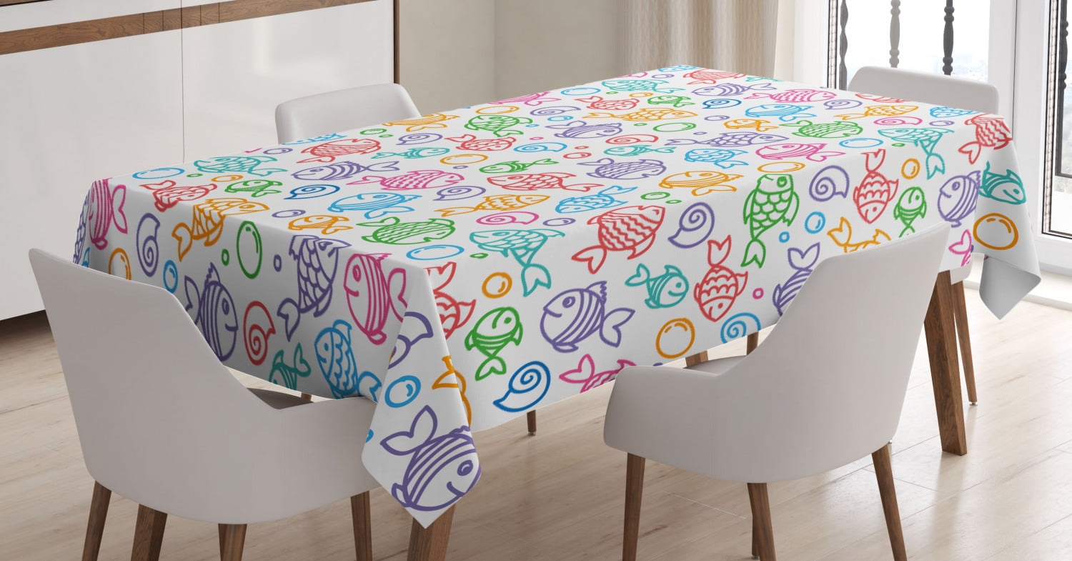 Kids Decor Tablecloth, Various Color Repeating Funny Fish Motif ...