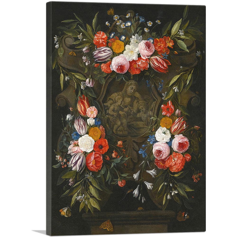 ARTCANVAS A Garland Of Flowers Around Stone Cartouche Depicting Virgin ...