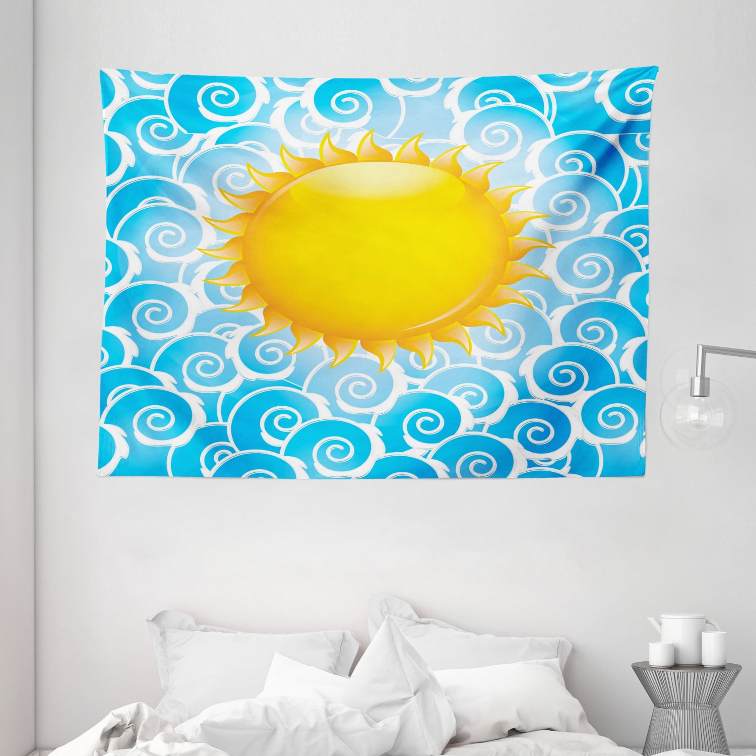 Summer Tapestry, Bright Sun Pattern over Blue Waves Vacation Themed ...
