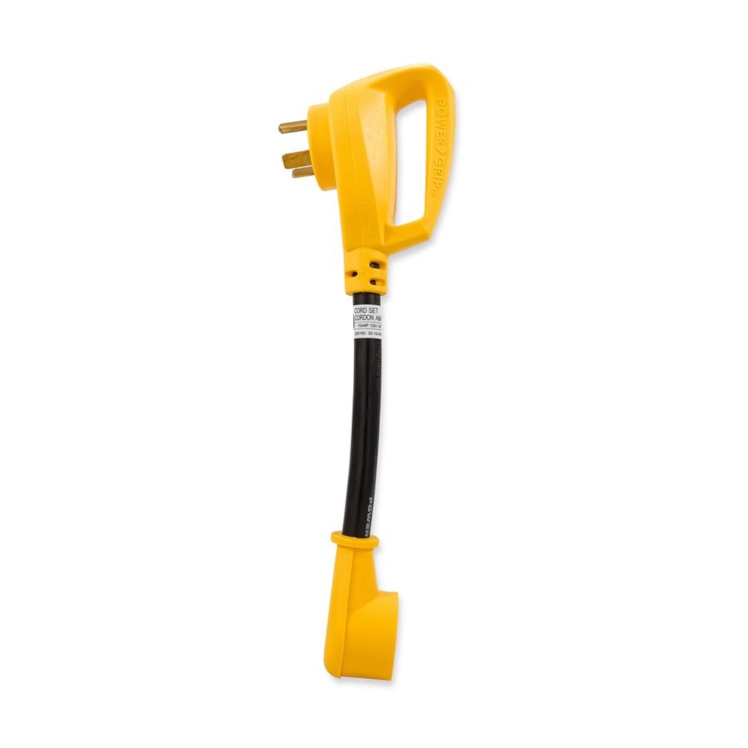 Camco Heavy-Duty Rv Dogbone Electrical Adapter With Powergrip Handle (30-Amp Male To 15-Amp Female  12-Inch  10/3 Gauge Wires) Standard