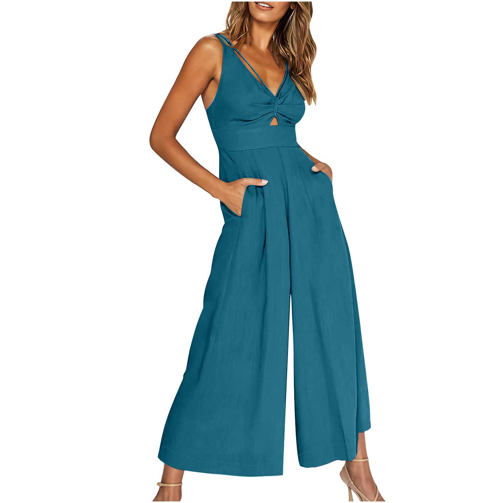 Women Cute Jumpsuits Dressy Casual Backless Sleeveless Cutout Wide Leg ...