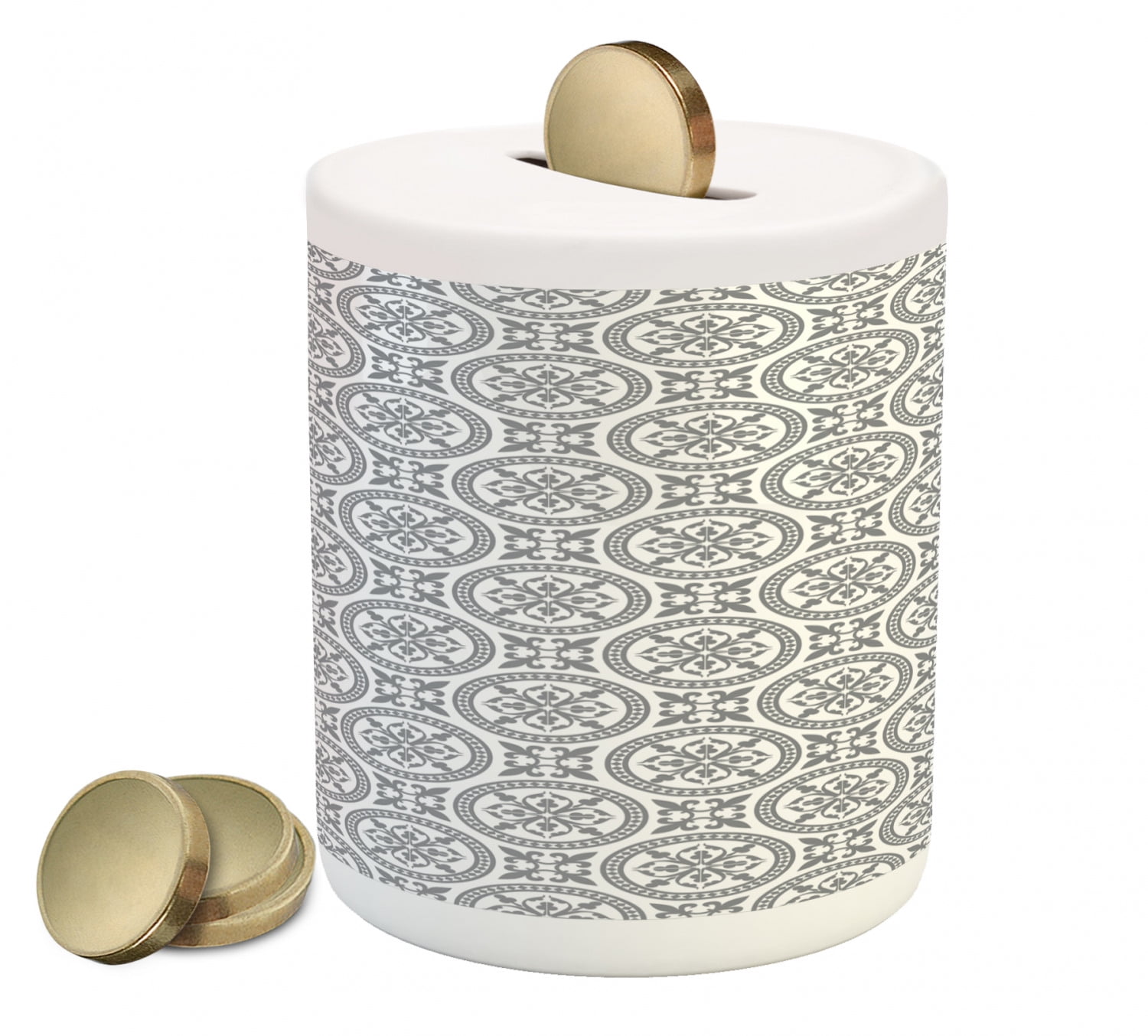 Grey Piggy Bank, Antique Ornate Oriental Floral Motifs Retro Pattern in ...