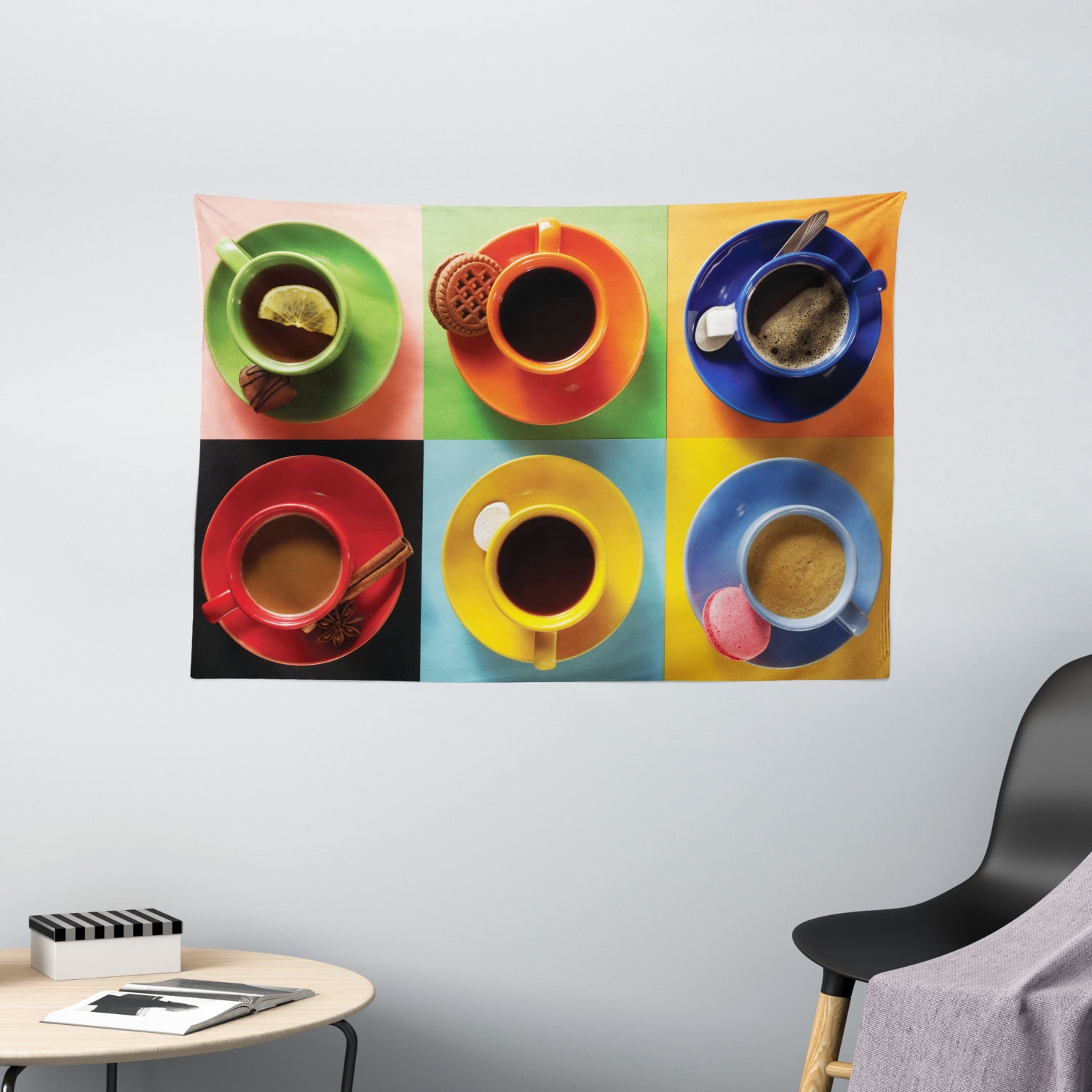 Kitchen Tapestry, Cups of Coffee Tea Hot Chocolate on Colorful ...