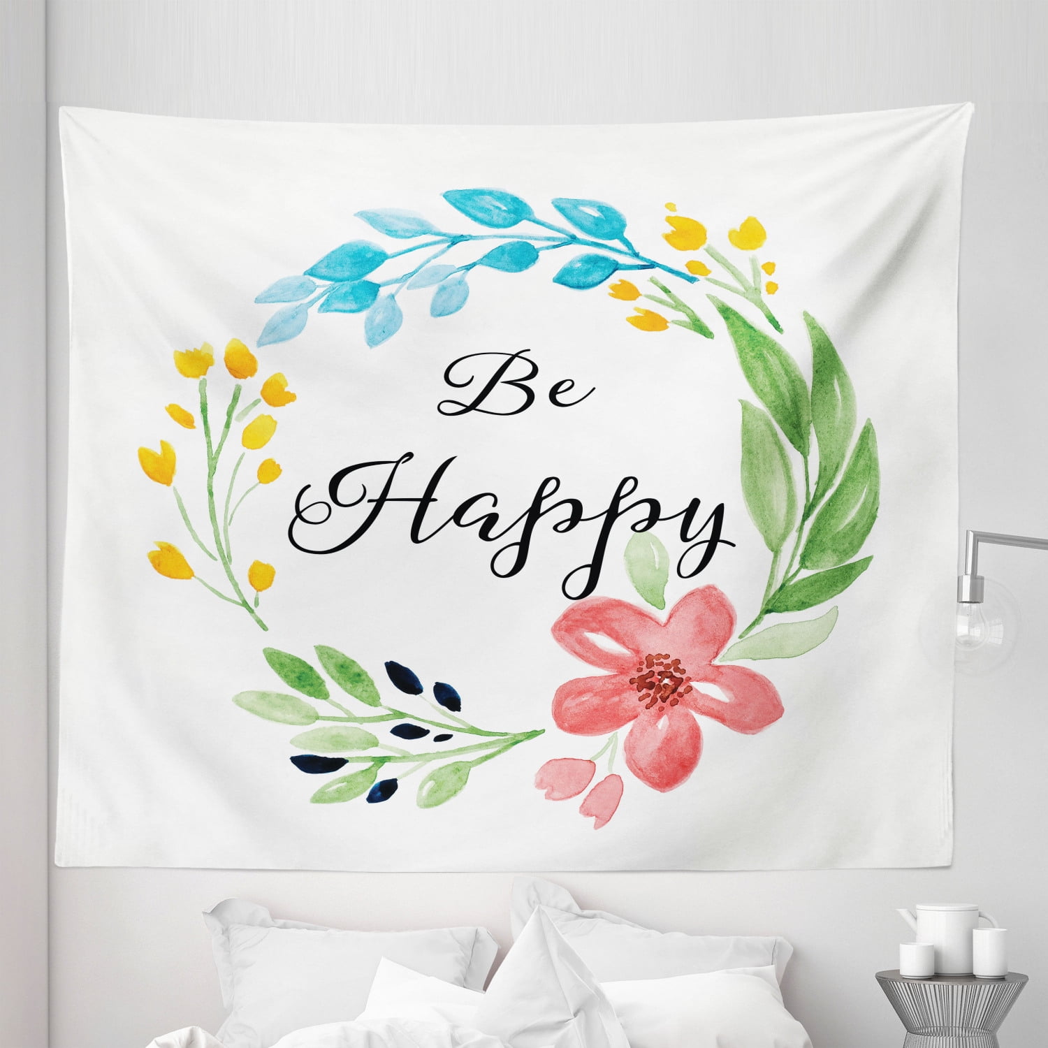 Be Happy Tapestry, Writing Surrounded by a Wreath of Watercolor Style ...