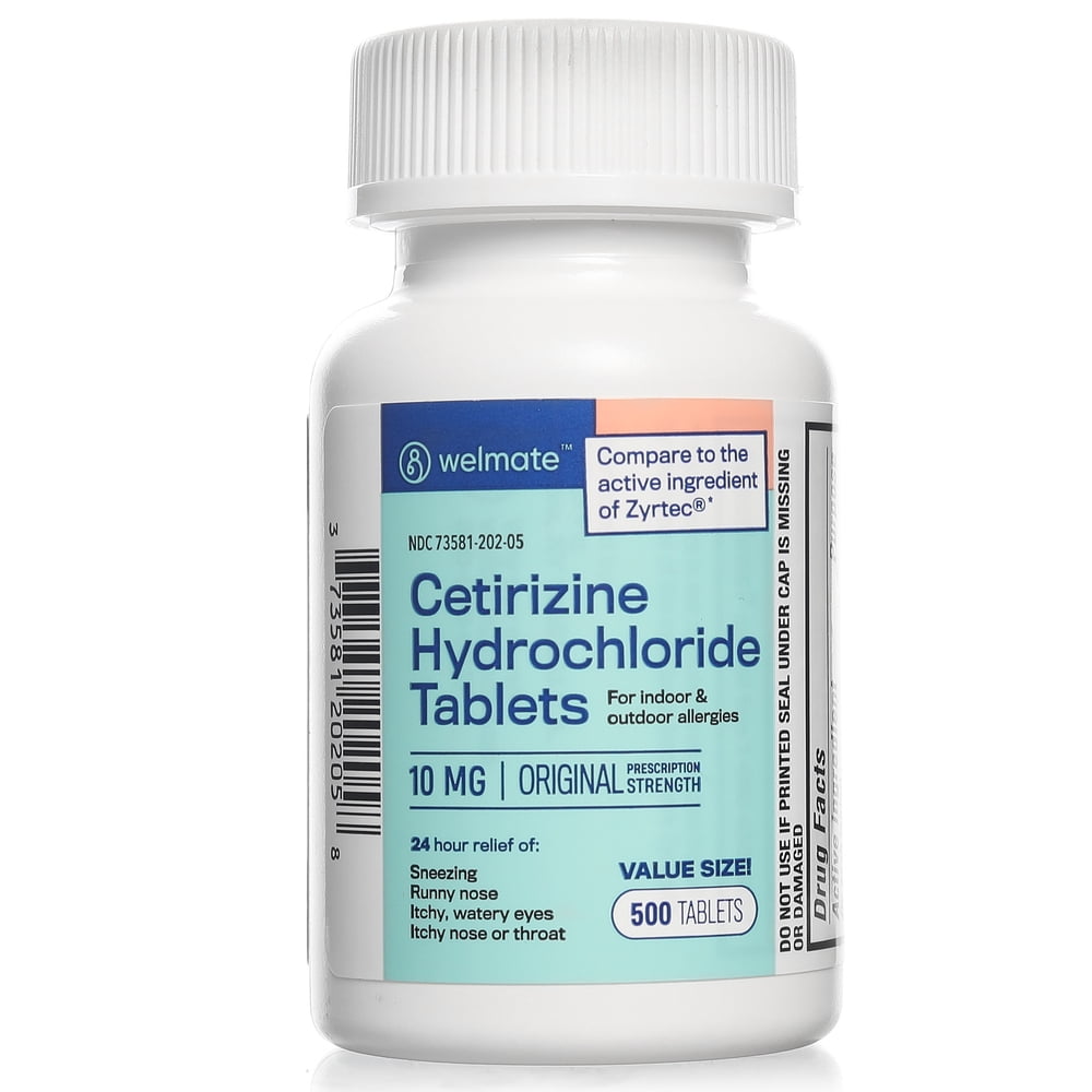 Welmate Allergy Relief | Cetirizine HCL 10 mg | 500 Count Tablets | 24 ...