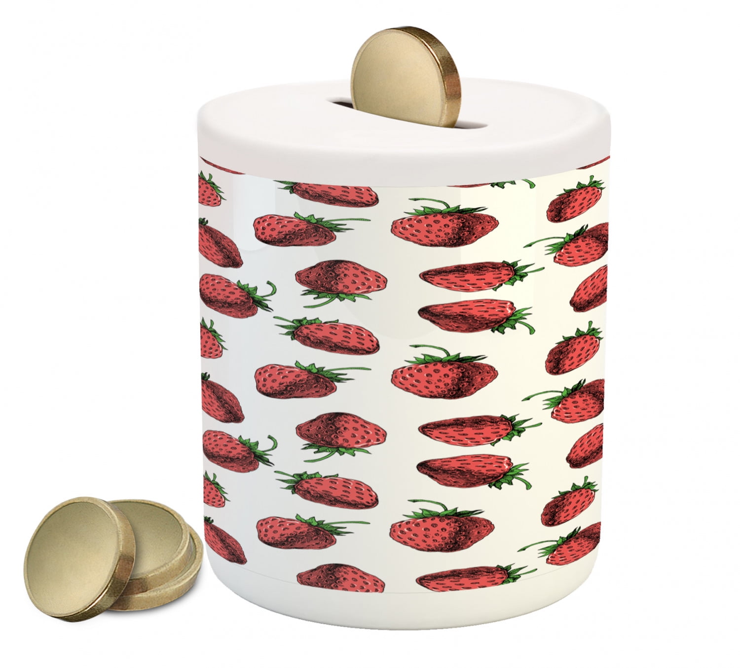 Botanic Piggy Bank, Vibrant Hand Drawn Strawberry Pattern Fresh Summer ...