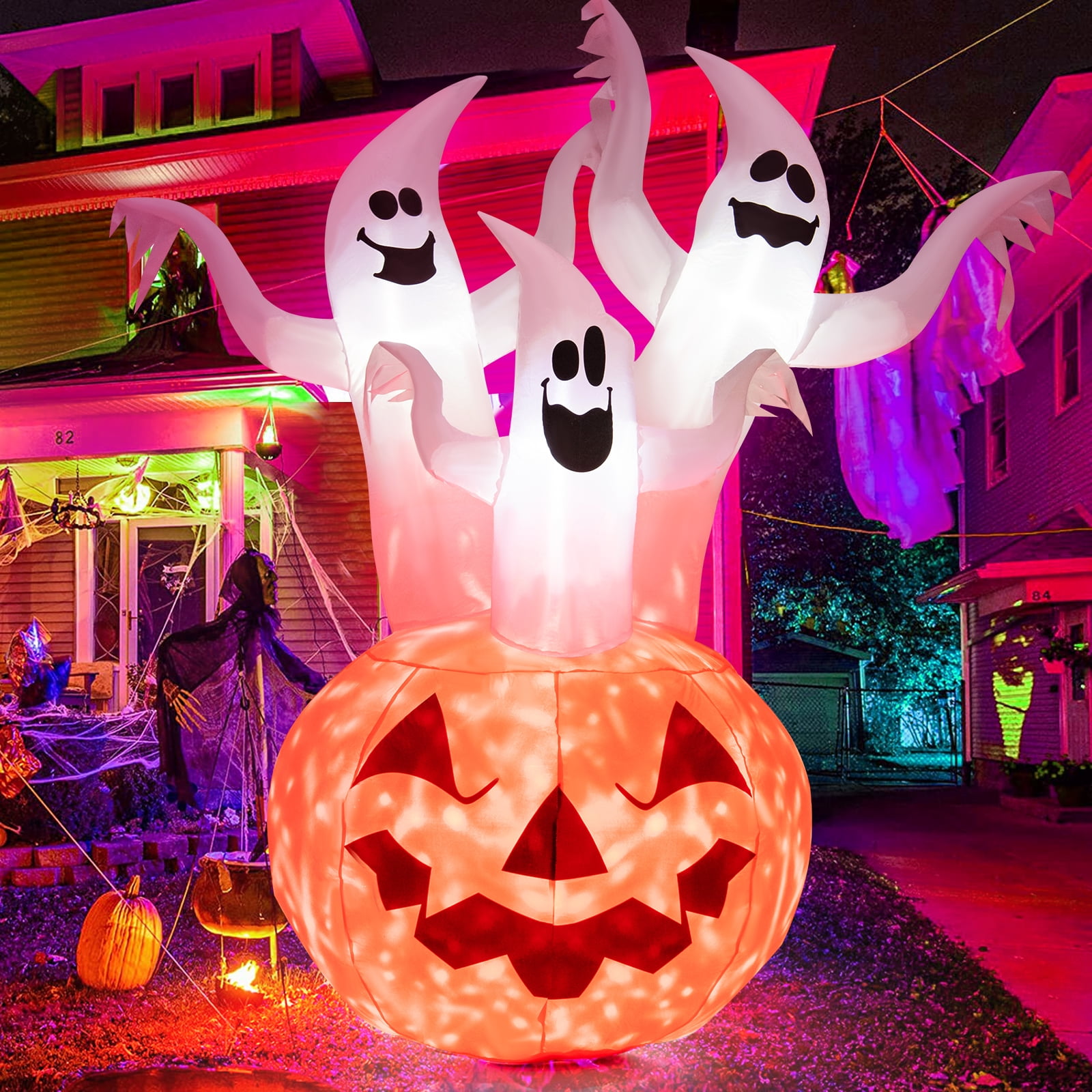 Topbuy 6FT Halloween Inflatable Decorations 3 White Ghosts on Pumpkin ...