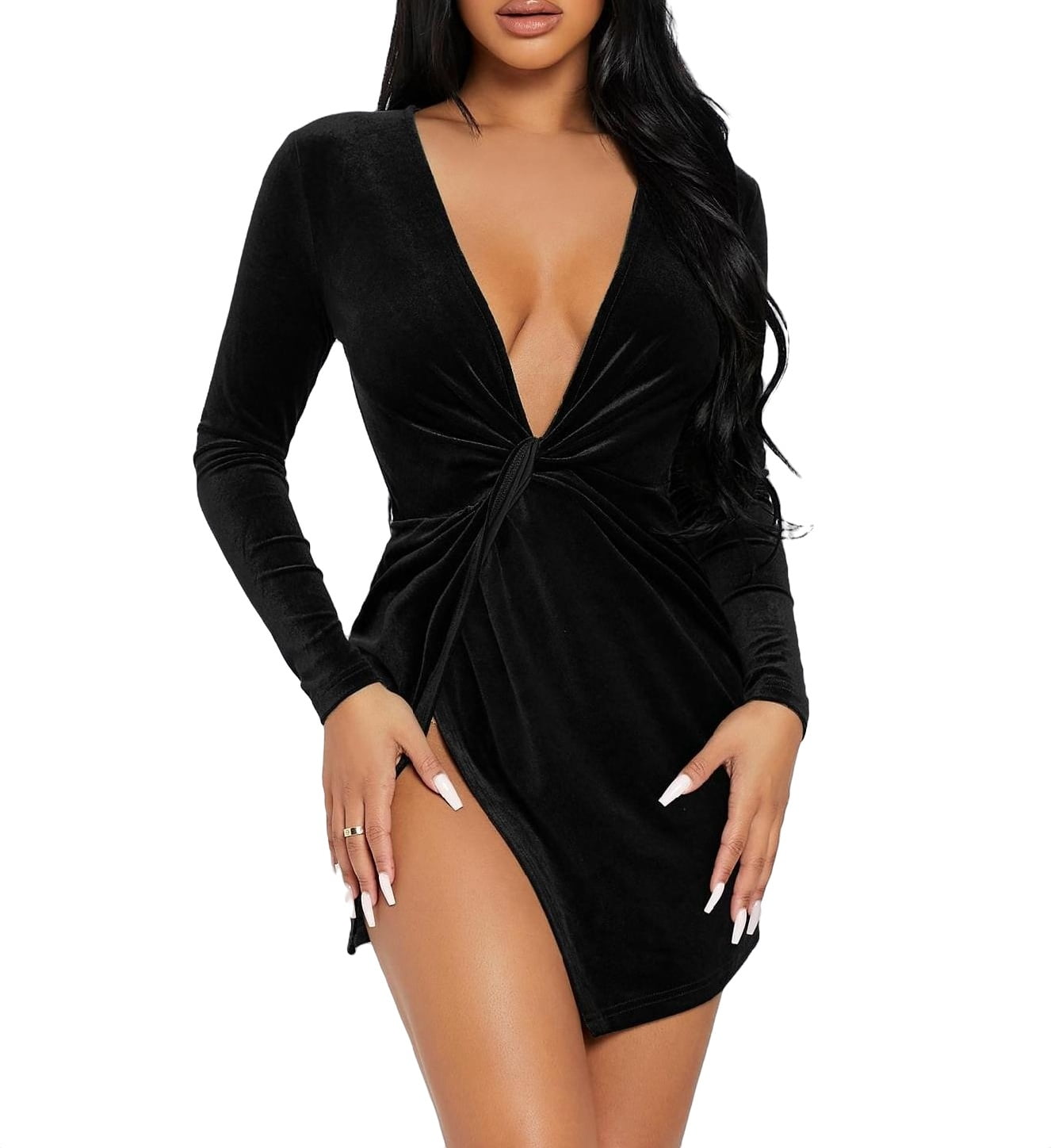 Sexy Solid Deep V Neck Bodycon Dress Long Sleeve Black Womens Dresses