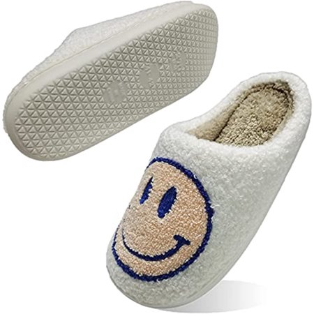 Smiley Face Slippers for Women Retro Fuzzy Fluffy Cute House Home Shoes ...