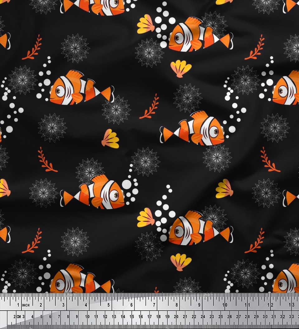 Soimoi Viscose Chiffon Fabric Floral,Shell & Fish Ocean Print Fabric by ...
