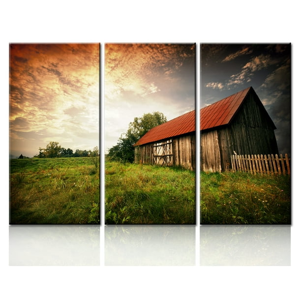 TISHIRON 3PCS Framed Canvas Wall Art Set,60"x40" Barn Green Landscape ...