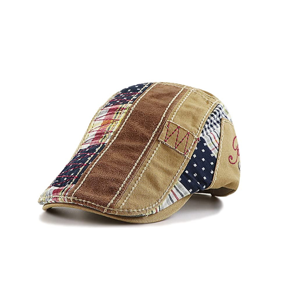 HAORUN Men Patchwork Plaid Newsboy Cap Adjustable Flat Top Hat Outdoor ...