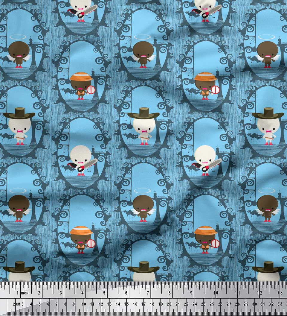 Soimoi Blue Georgette Viscose Fabric Hat & Devil Cartoon Print Fabric ...