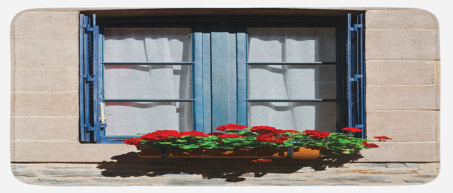 Country Kitchen Mat, Mediterranean Style Window Open Shutters Image ...
