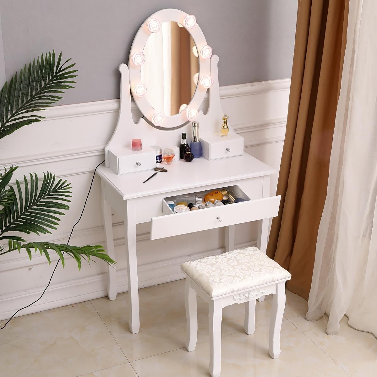 Winado Modern 3-Drawer Vanity Set With 8 LED Bulbs Lighted Mirror And ...