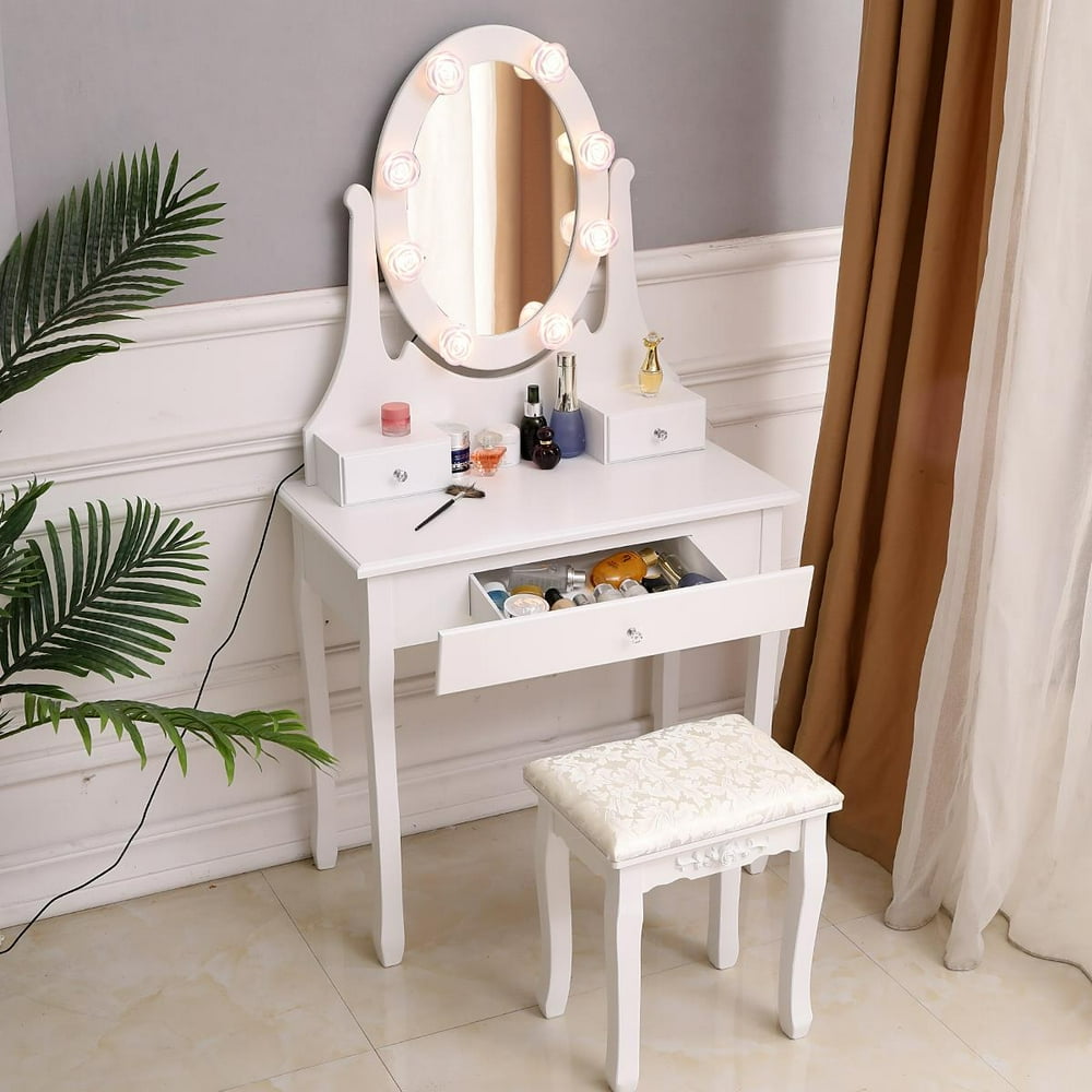 Winado Modern 3-Drawer Vanity Set With 8 LED Bulbs Lighted Mirror And ...