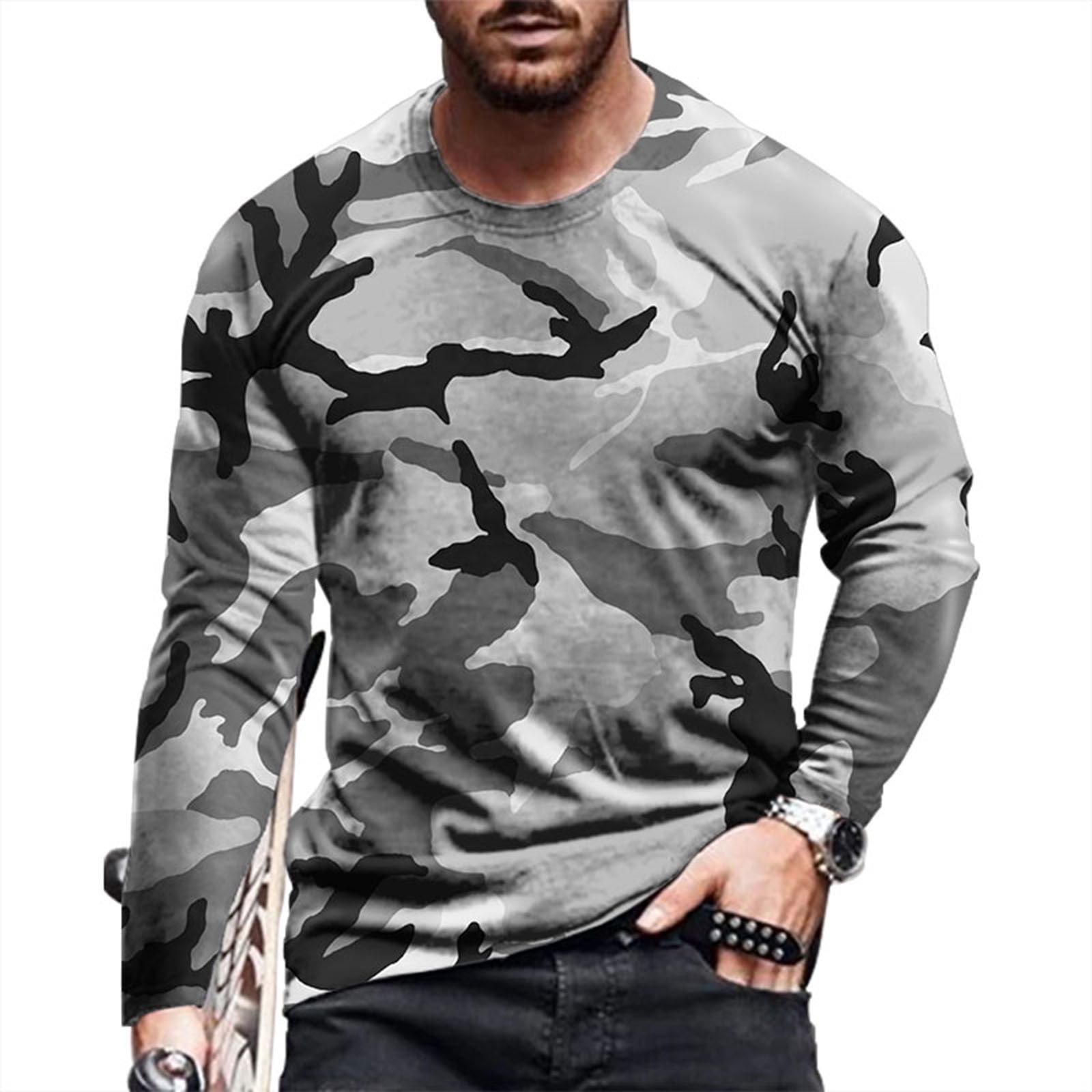 Men's Long Sleeve Round Neck Camo T-Shirt Camouflage Long Sleeve ...