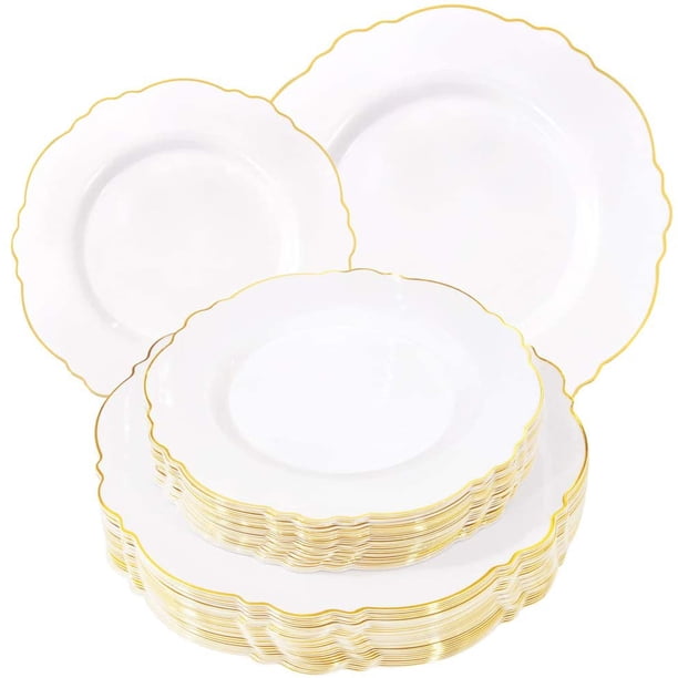 60pcs Gold Plastic Plates -Baroque White &Gold Disposable Plates for ...
