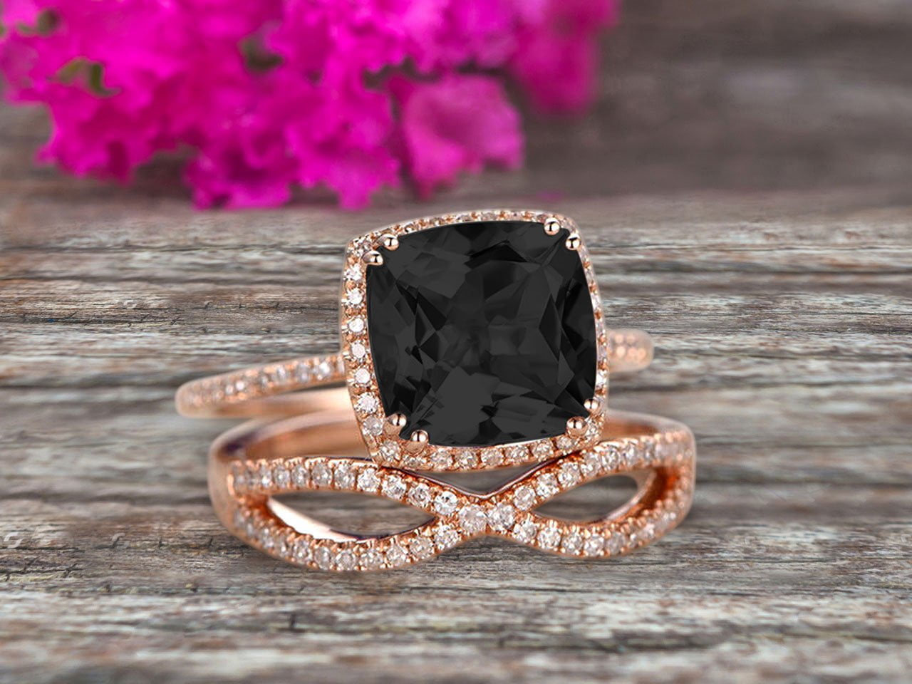 Halo 2 Pcs 10k Rose Gold 2.80 Carat 7mm Cushion Cut Black Diamond ...