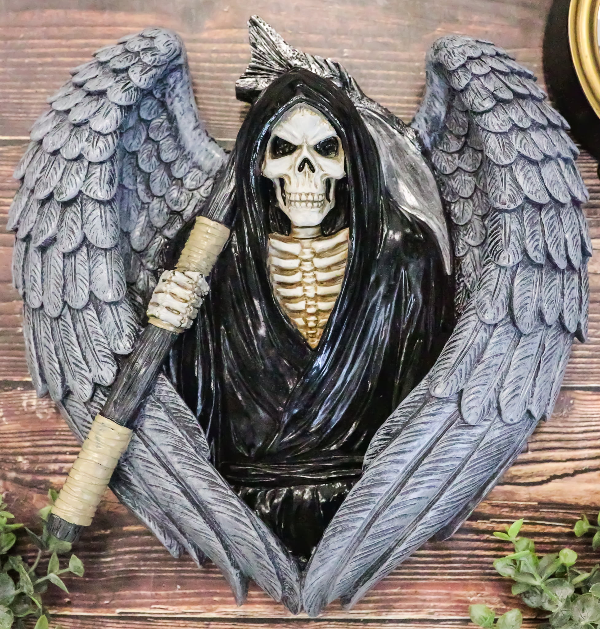Gothic Grim Reaper Skeleton with Angel Wings Holding Scythe Heart Wall ...