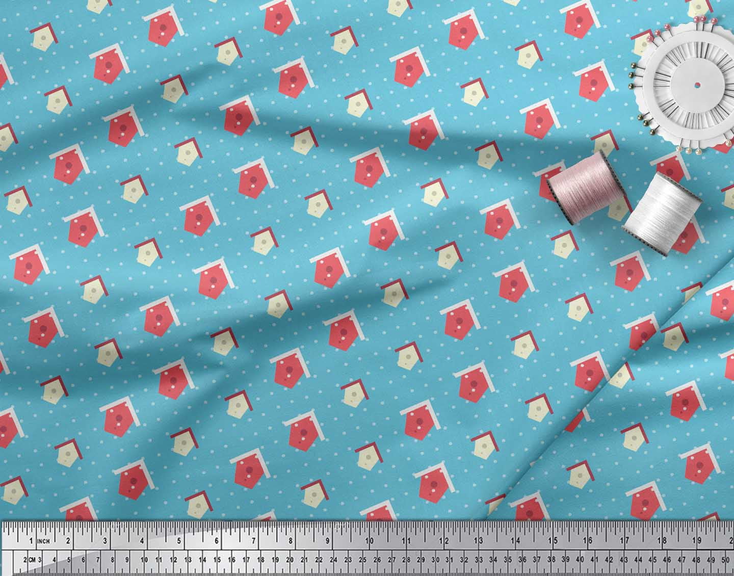 Soimoi Blue Rayon Fabric Hut & Dots Printed Fabric 1 Yard 56 Inch Wide ...
