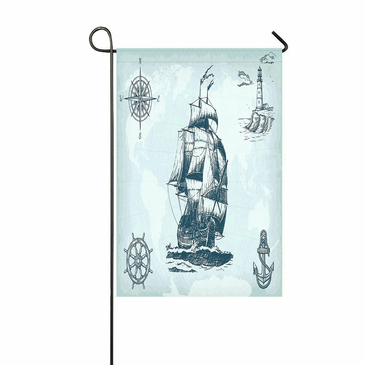 ABPHQTO Vintage Sailing Ship Lighthouse Ship Wheel Anchor World Map Home Outdoor Garden Flag ...