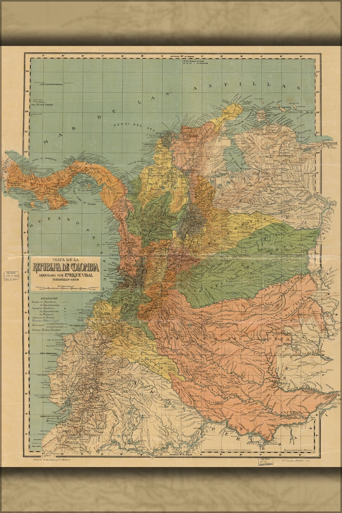 24"x36" Gallery Poster, Map de la Republica de Colombia 1912 - Walmart.com