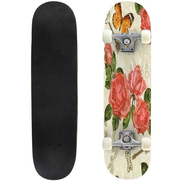 Seamless vintage with roses and butterflies Outdoor Skateboard ...