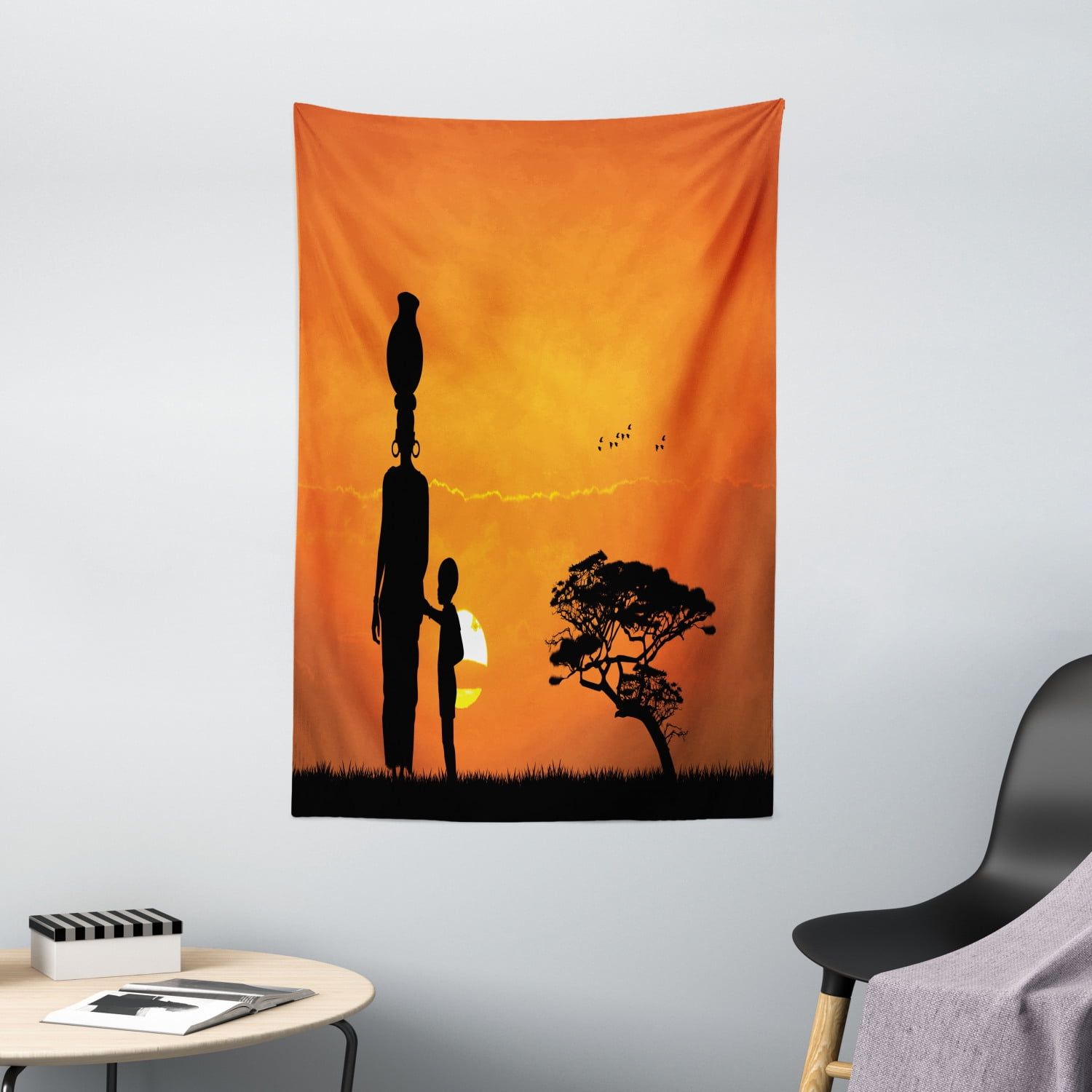 African Tapestry, Child and Mother at Sunset Walking in Savannah Desert ...