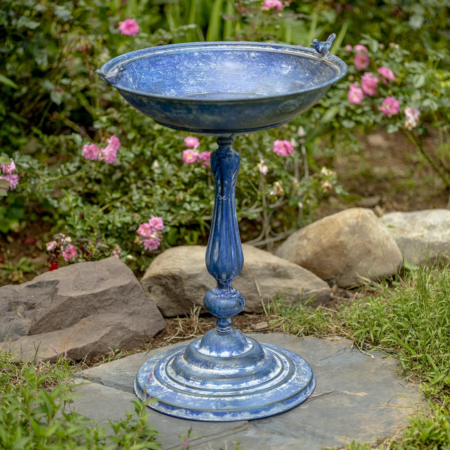 Zaer Ltd. Ornate Metal Pedestal Style Birdbath with Cast Iron Birds on ...