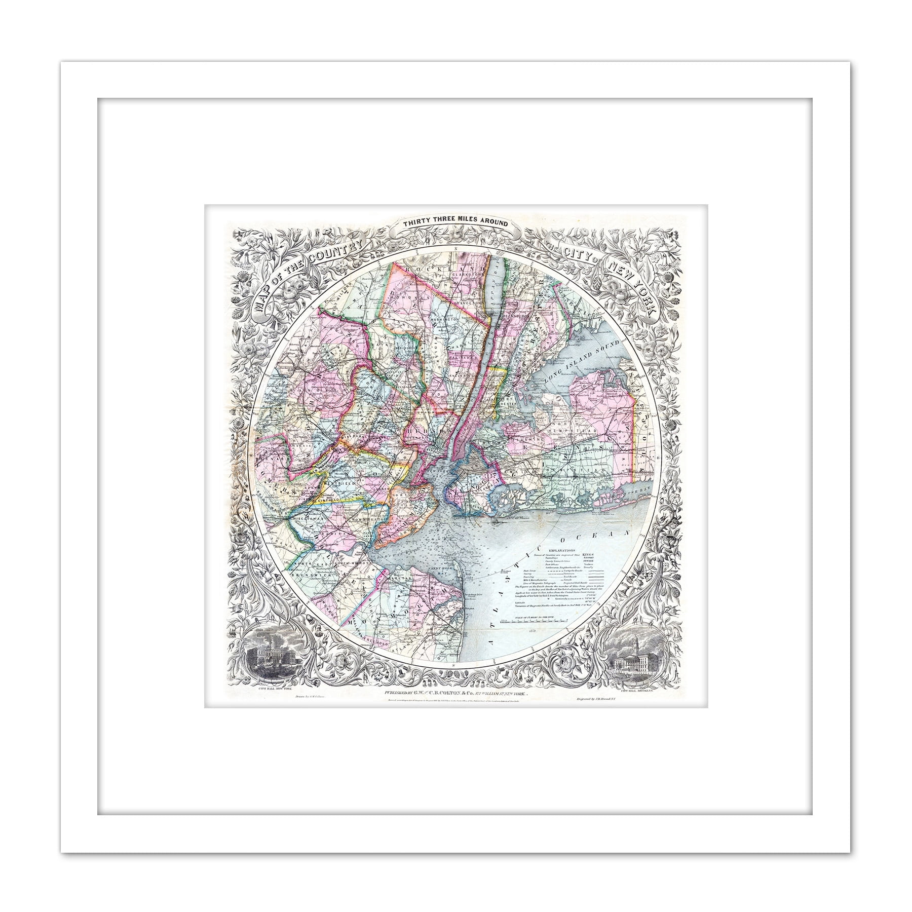 Map 1879 Colton Thirty Three Miles Around New York City 8X8 Inch Square ...
