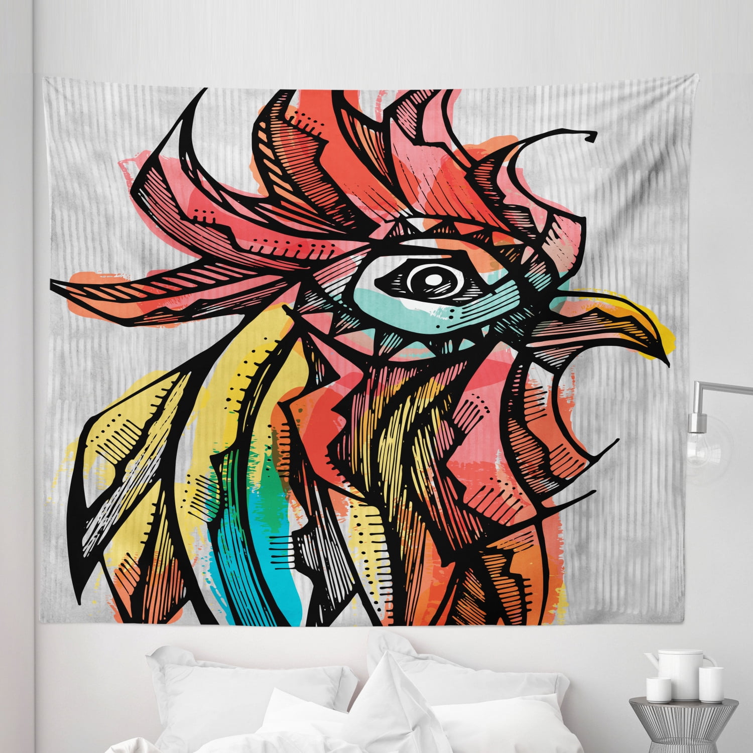 Rooster Tapestry, Watercolor Colorful Contemporary Art Style Cockerel ...