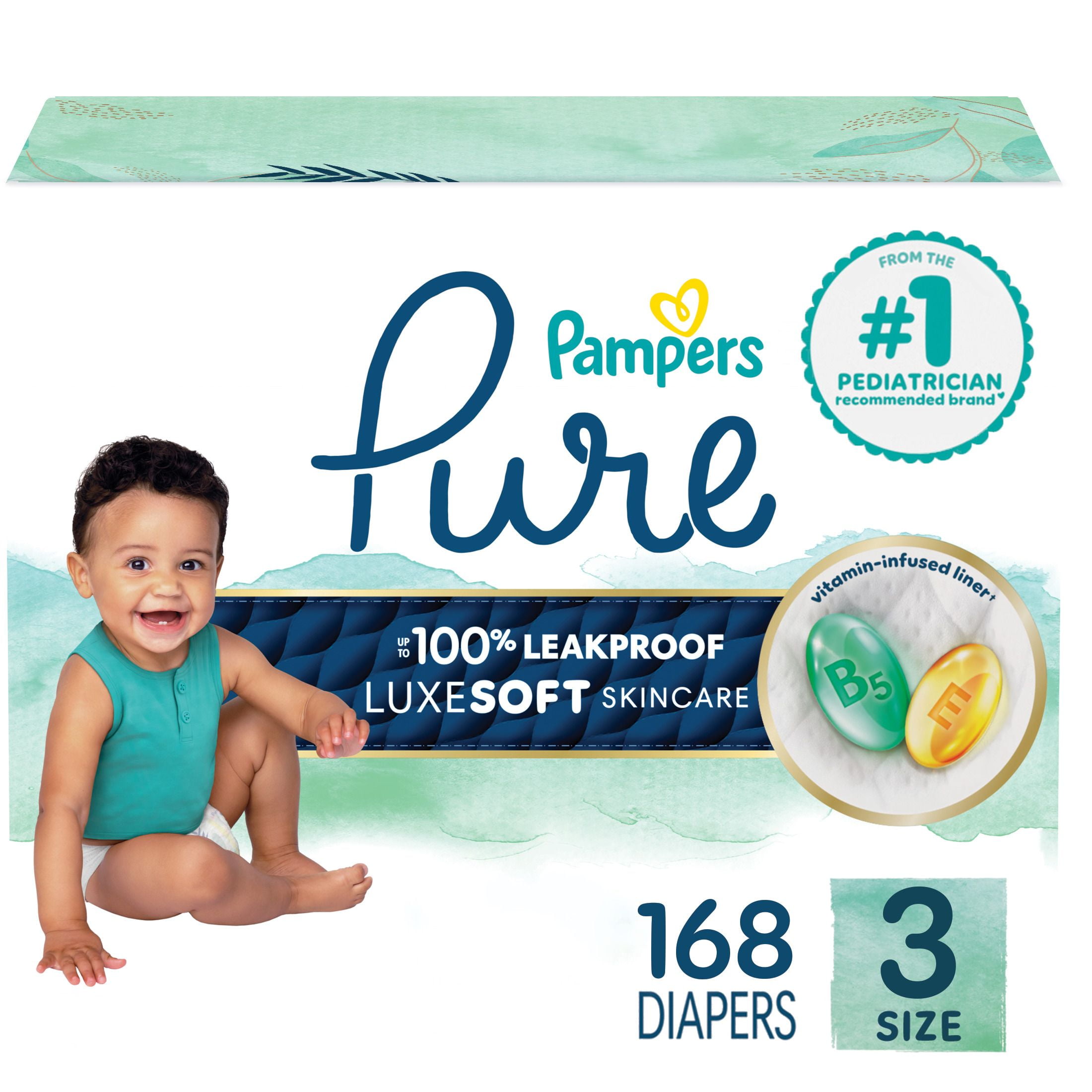 Pampers Pure Baby Diapers, Size 3 (16-28 lbs), 168, Up to 100% ...