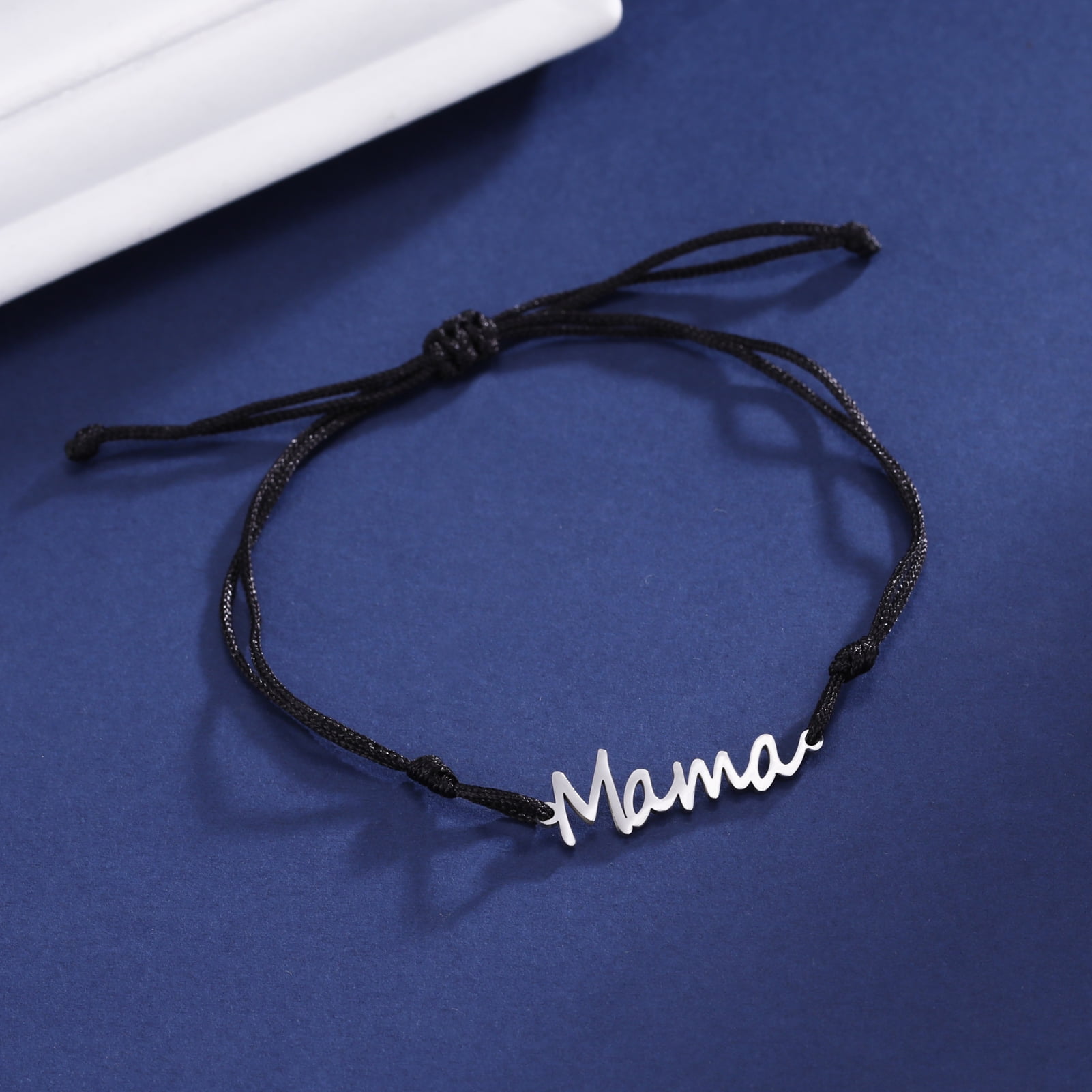 EUEAVAN Silver Mama Letter Stainless Steel Pendant Black Rope Bracelet ...