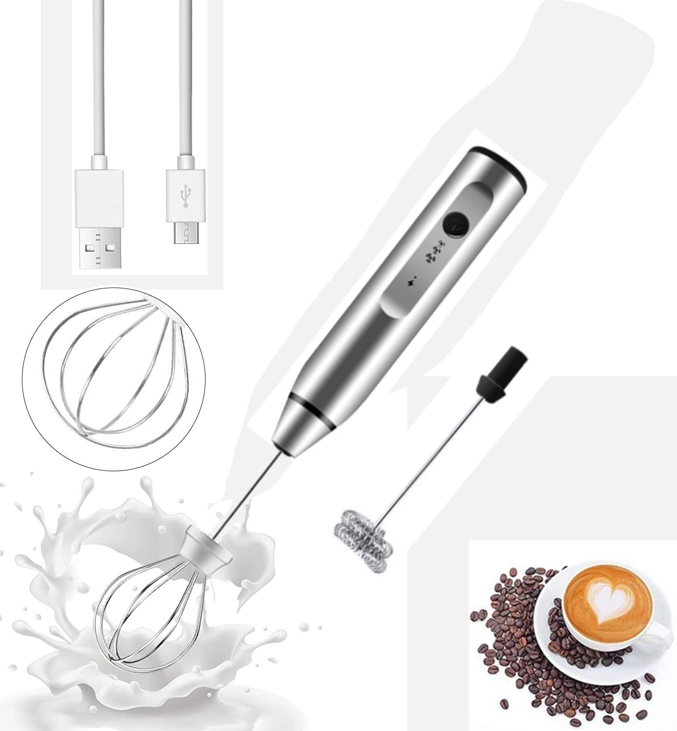 Electric Milk Frother Handheld with 2 Heads, Coffee Whisk Foam Mixer ...