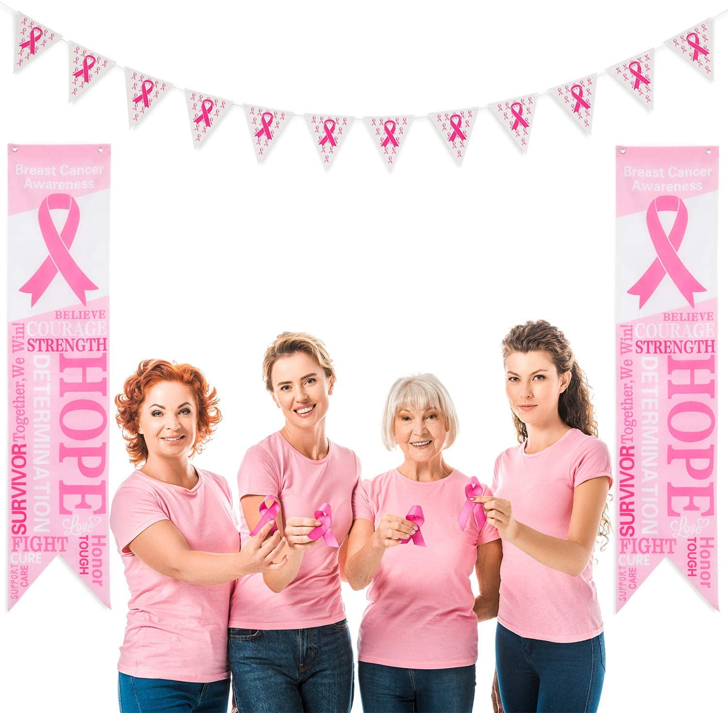 2 Pieces Breast Cancer Awareness Pink Ribbon Hanging Banner and Pink ...