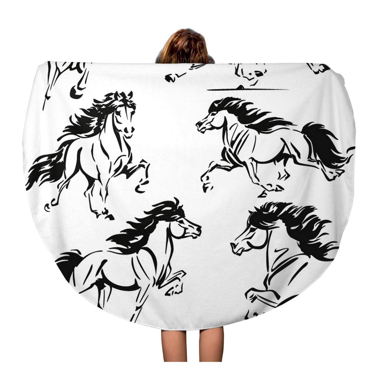SIDONKU 60 inch Round Beach Towel Blanket Icelandic Horse Themes Brush ...