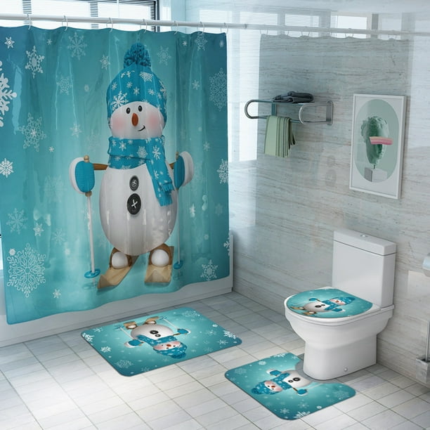 Santa Claus Christmas Snowman Shower Curtain Set Bath Mats Rugs For