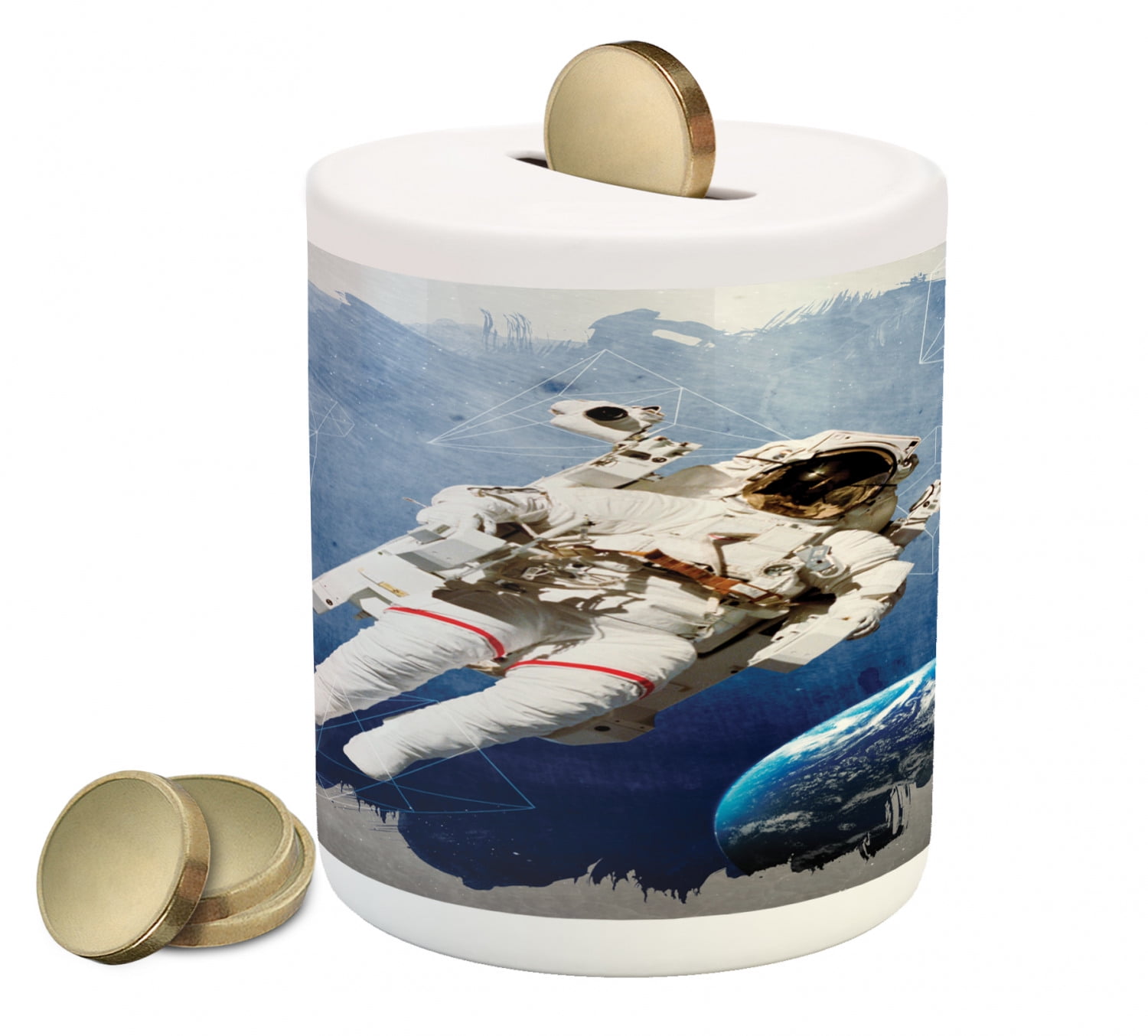 Galaxy Piggy Bank, Grunge Astronaut and Planet Earth with Geometric ...