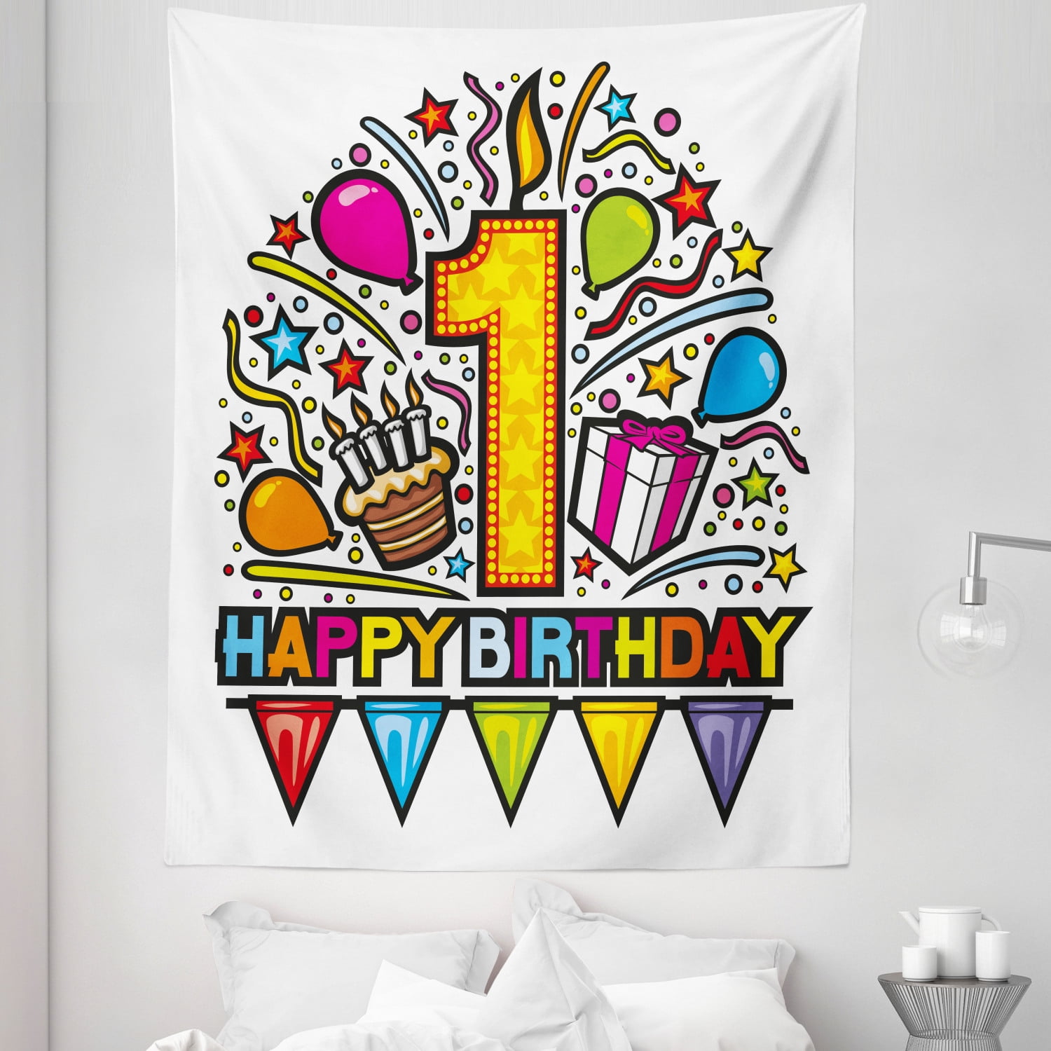 Birthday Tapestry, Cartoon Pop Art Style Celebration Theme Party with ...