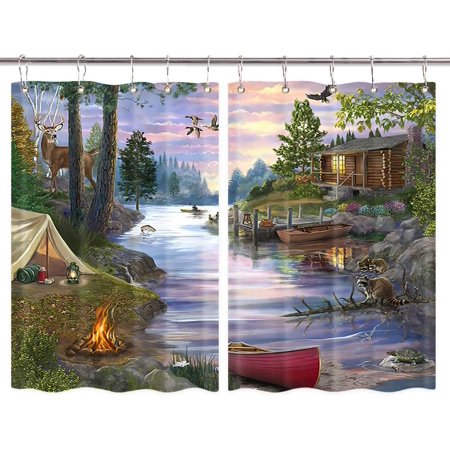 SHTUUYINGGCabin Kitchen Curtain,Deer and Cabin House with Lake for ...