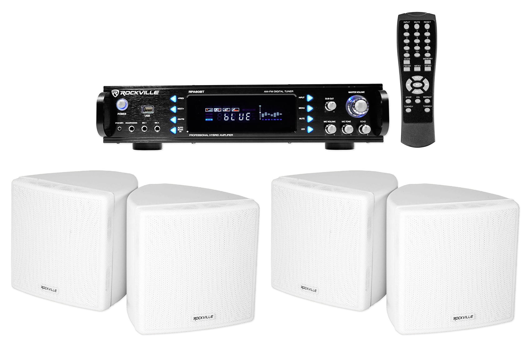 Rockville 1000 Watt Home Theater Bluetooth Receiver+(4) 3.5" White Cube ...