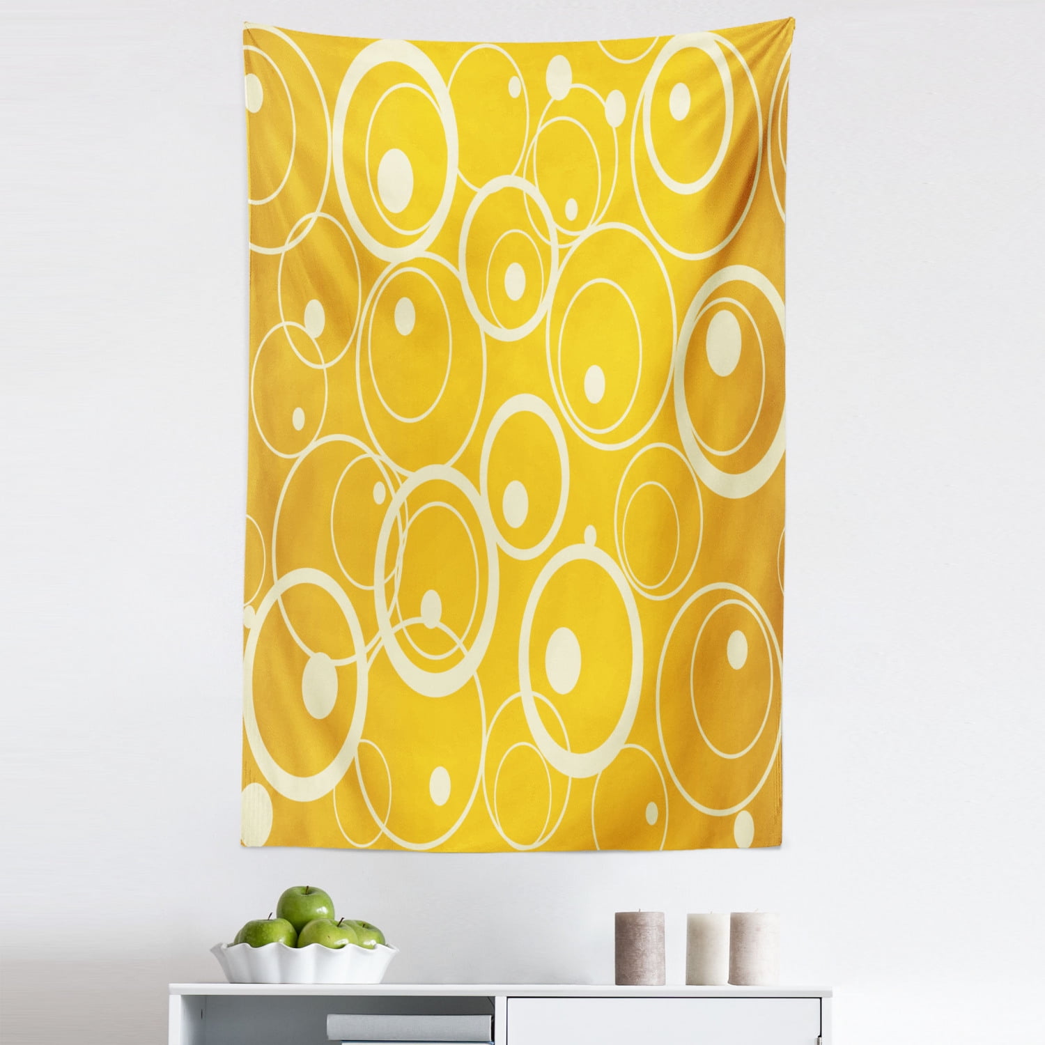 Vintage Yellow Tapestry, Circles and Dots Monotone Geometric Shapes ...