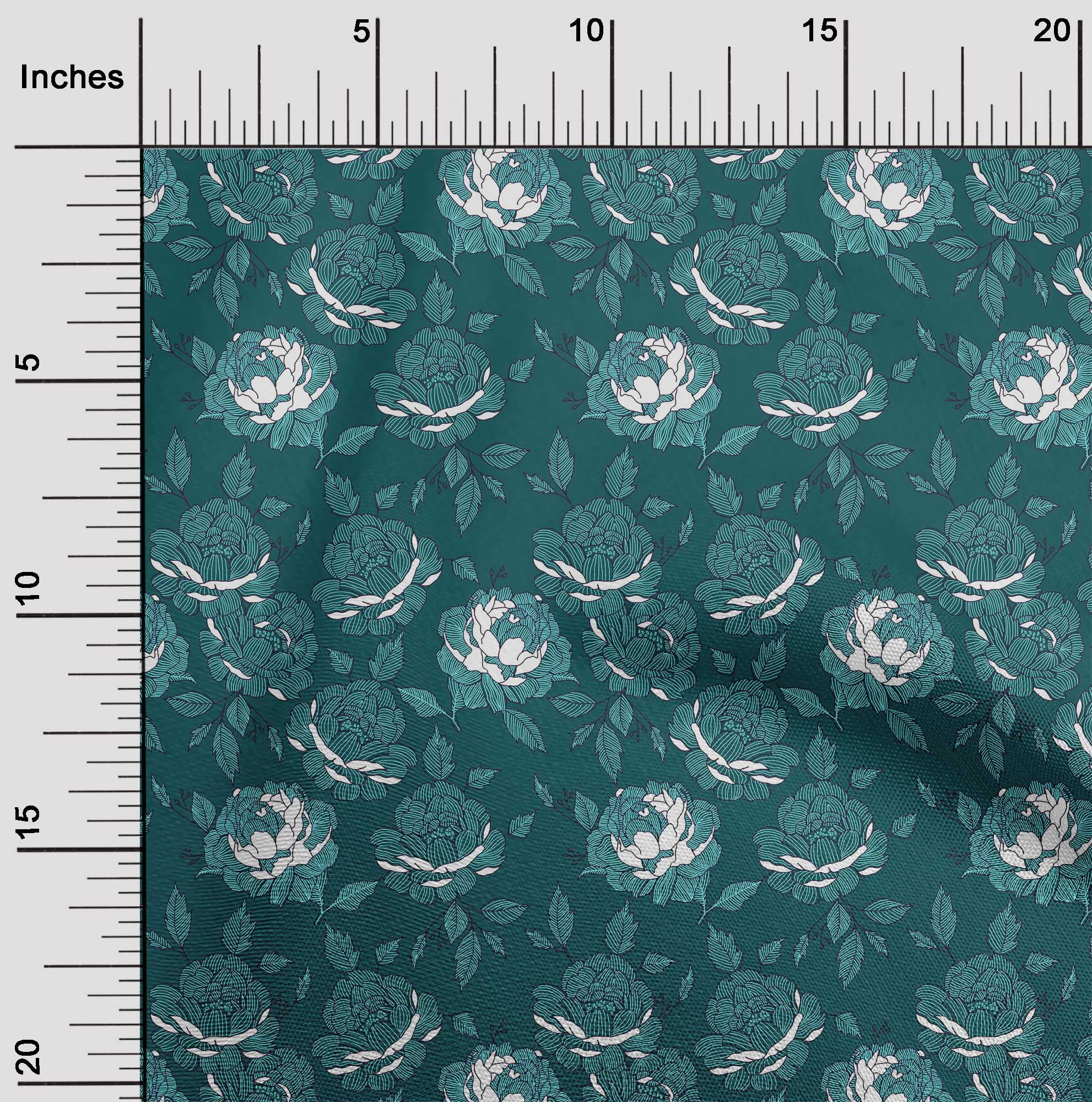 oneOone Viscose Chiffon Dark Teal Blue Fabric Leaves & Floral Artistic ...