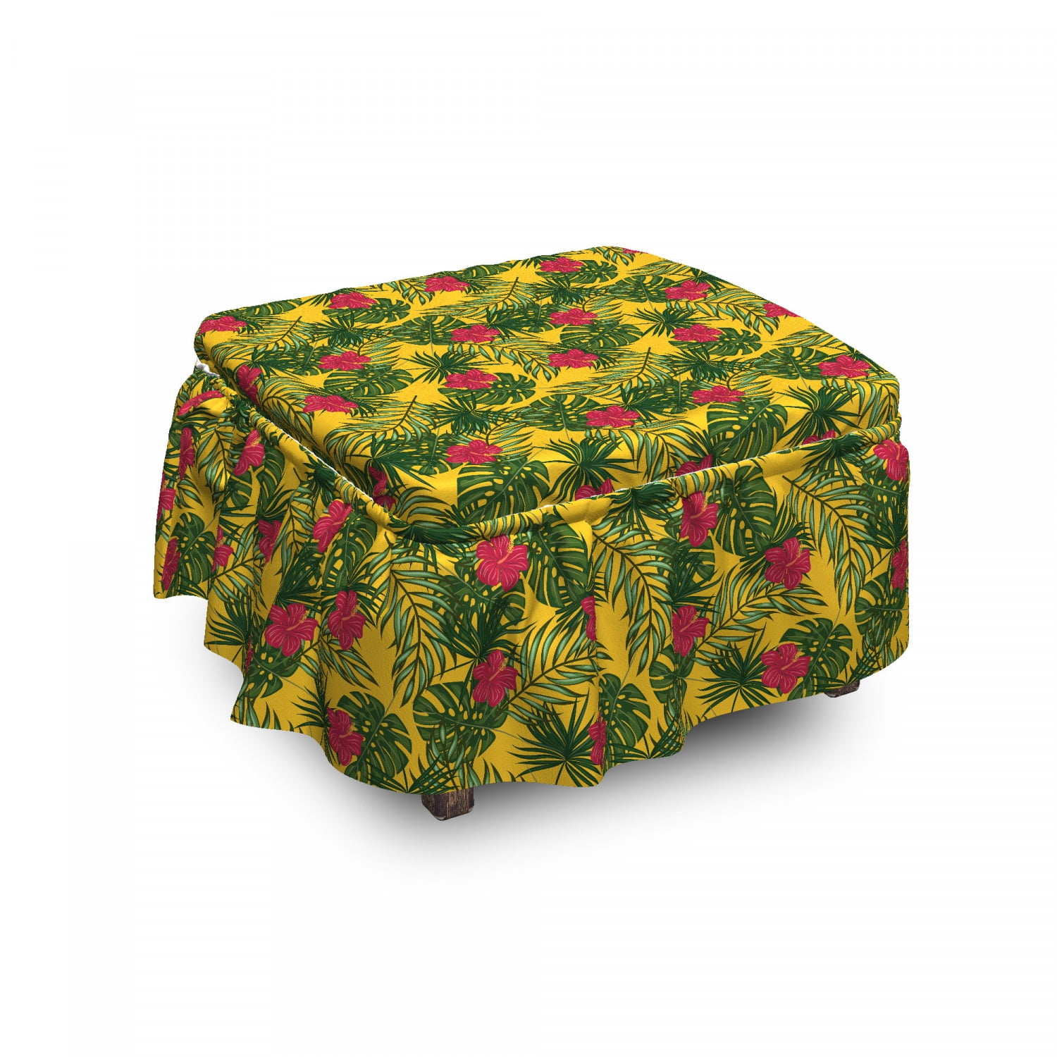 Tropical Ottoman Cover, Exotic Monstera Leaves Art, 2 Piece Slipcover ...