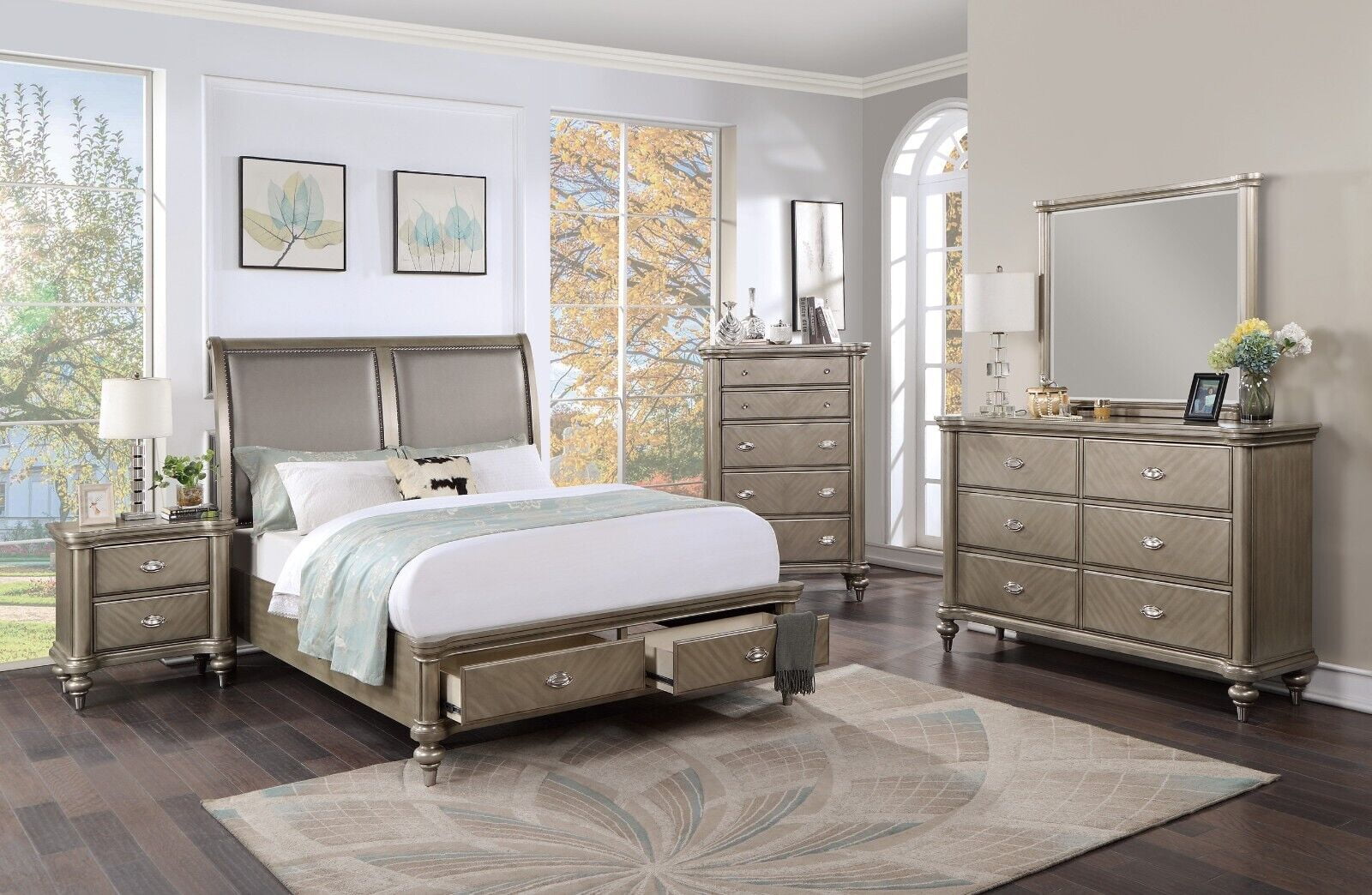 Bedroom Furniture 6pc Set Queen Size Bed w Storage Drawers FB Dresser Mirror Nightstands Chest ...